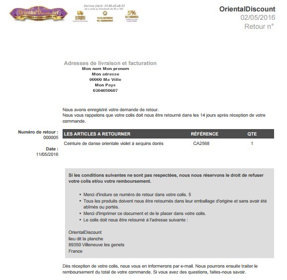 Conditions de retour - OrientalDiscount
